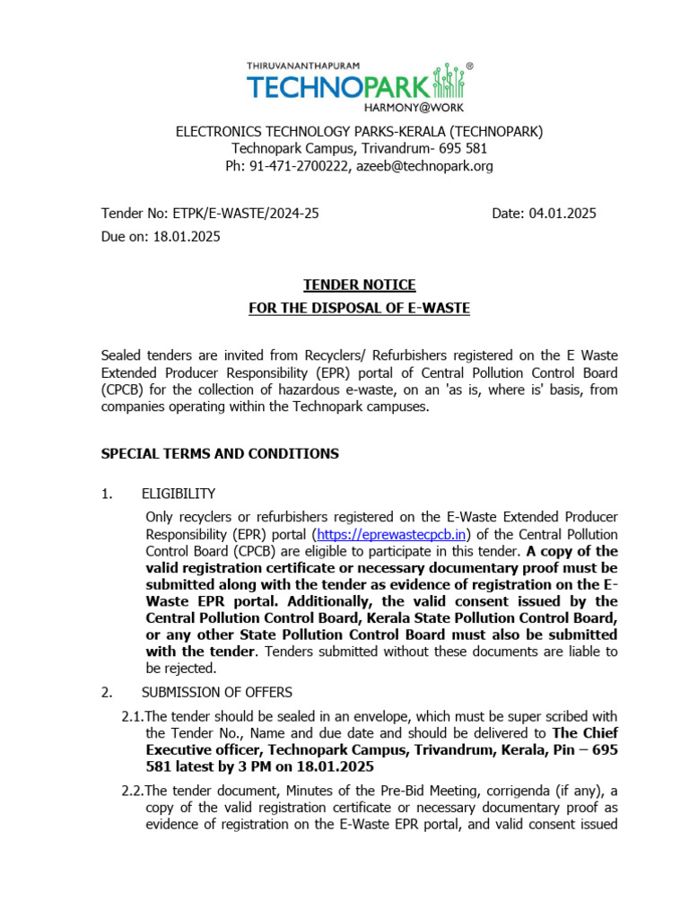 Technopark E-Waste Tender.17.01.2025 | PDF | Electronic Waste | Indemnity