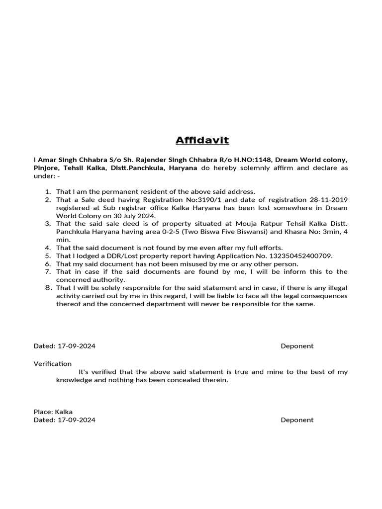 Affidavit for Lost Sale Deed | PDF