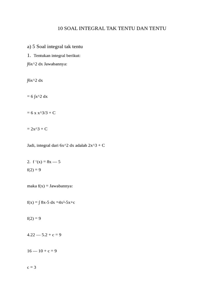 10 SOAL INTEGRAL TAK TENTU DAN TENTU Matwa | PDF