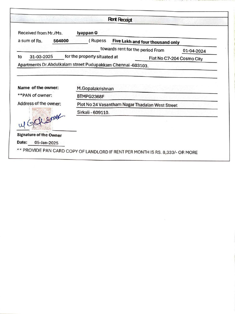 Rent Receipt 2024-2025 | PDF