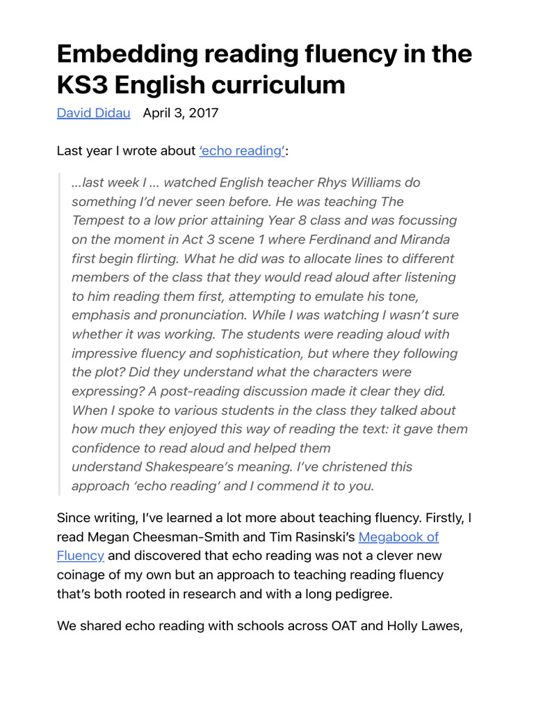 Embedding Reading Fluency in The KS3 English Curriculum - David Didau | PDF