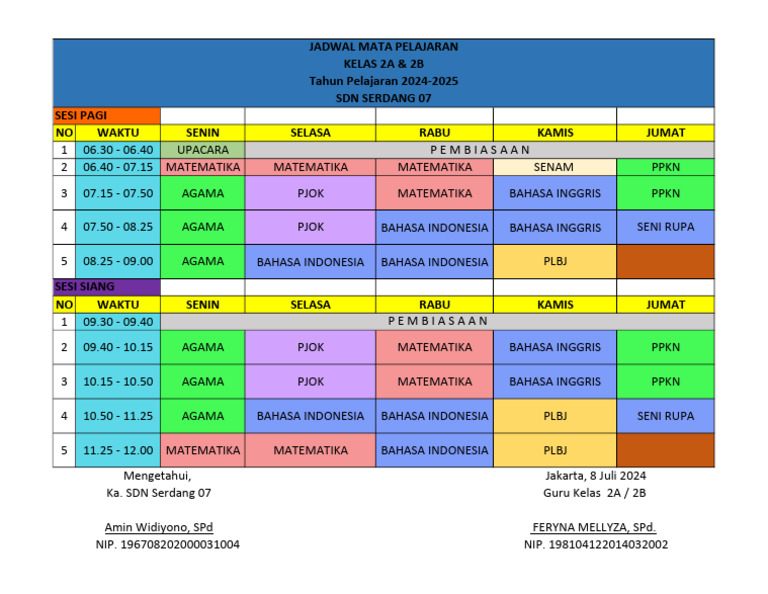 JADWAL PELAJARAN 2A & 2B | PDF