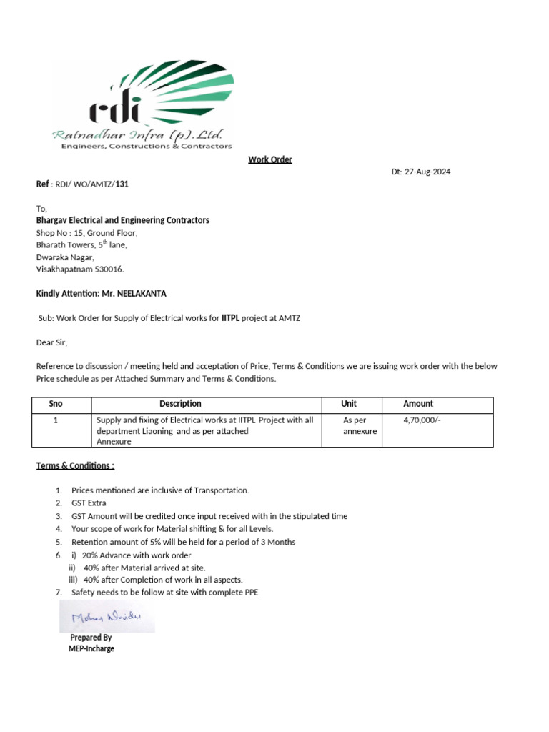 Bhargav Electricals Wo For IITPL | PDF