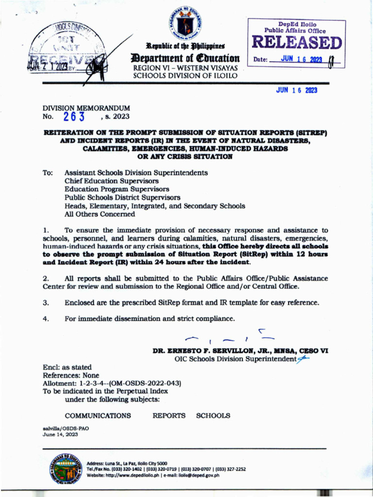 SDM No. 263 S. 2023 REITERATION ON THE PROMPT SUBMISSION OF SITUATION ...