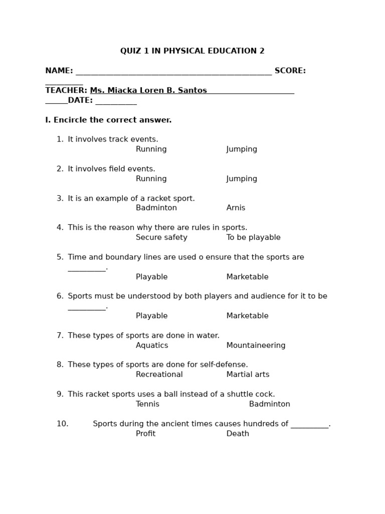 Quiz 1 in Physical Education 2 | PDF