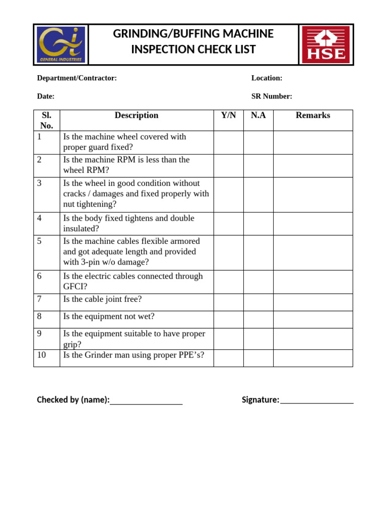 GI-HSE-08 Grinding, Buffing Mach. Checklist | PDF