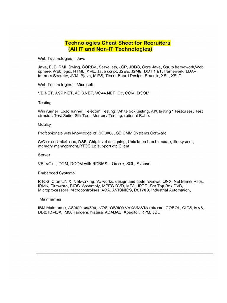 Recruiter's Technologies Cheat Sheet DOC-20230120-WA0005. | PDF