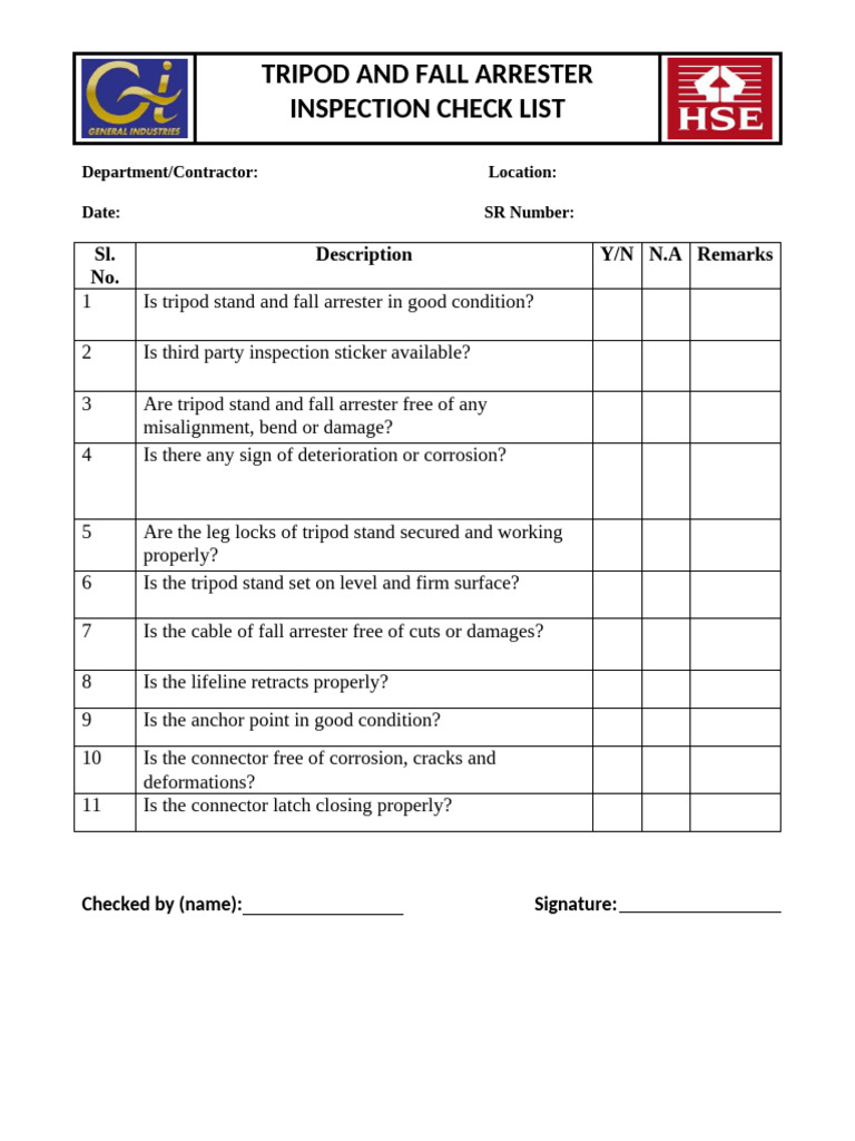GI-HSE-33 Tripod and Fall Arrester Checklist | PDF