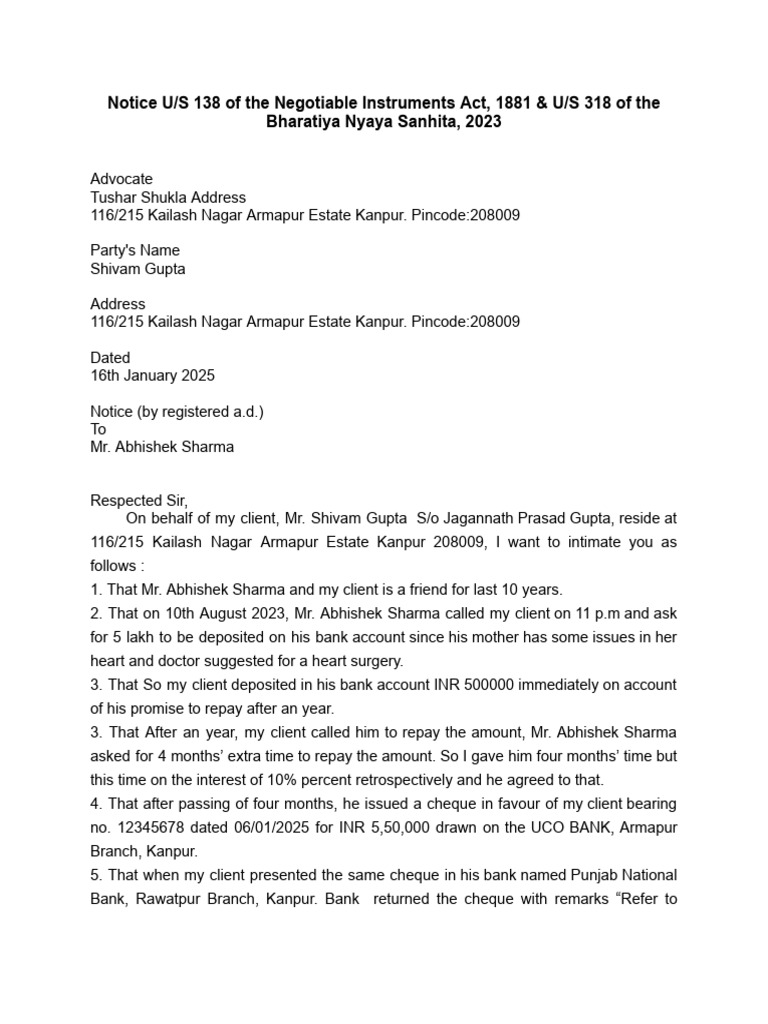 Legal Notice Under Section 138 of NI Act | PDF | Banks | Cheque