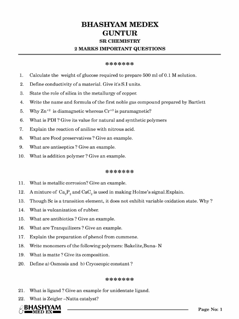 SR CHEMISTRY IMPORTANT QUESTIONS(2 MARKS QUESTIONS-RAMESH SIR) | PDF