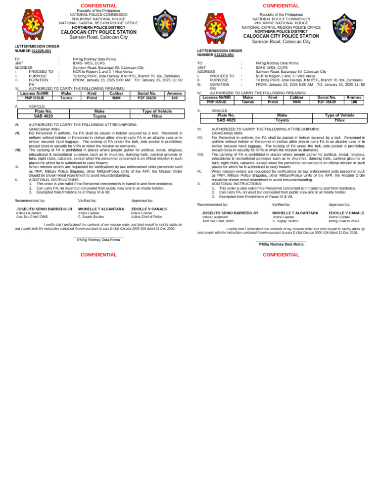 Letter MISSION Order PMSG Rodney Dela Roma | PDF