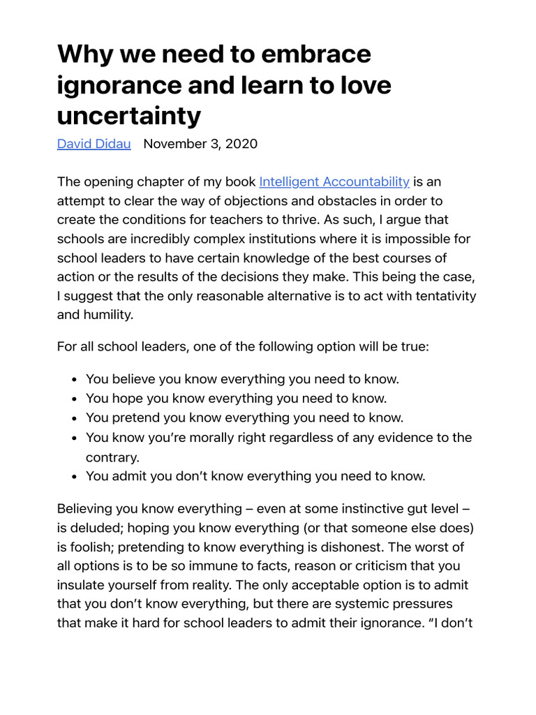 Why We Need To Embrace Ignorance and Learn To Love Uncertainty - David ...