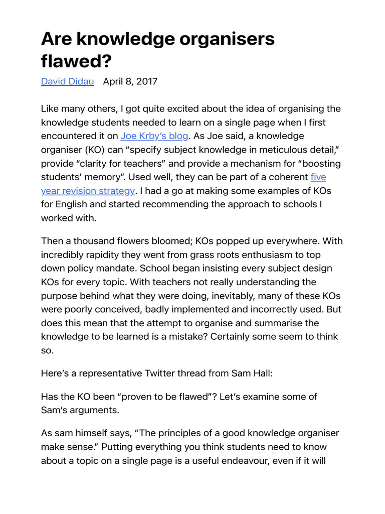 Are Knowledge Organisers Flawed? - David Didau | PDF | Schema ...
