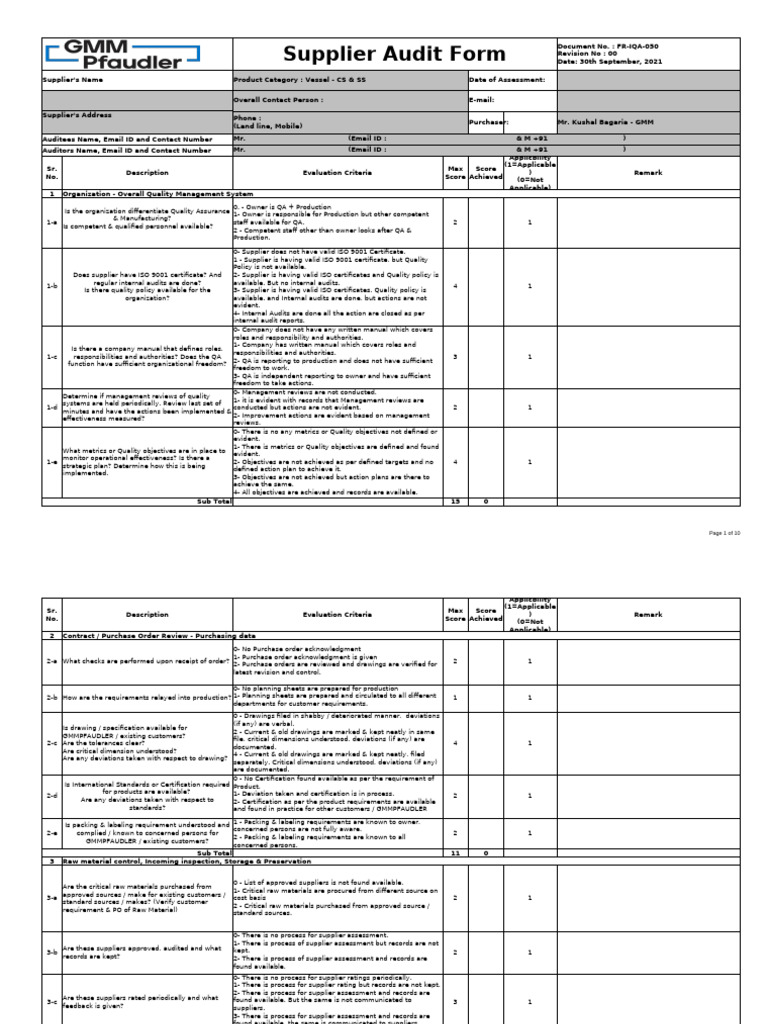 Supplier Audit Form FR - IQA - 050 R0 | PDF | Calibration | Audit