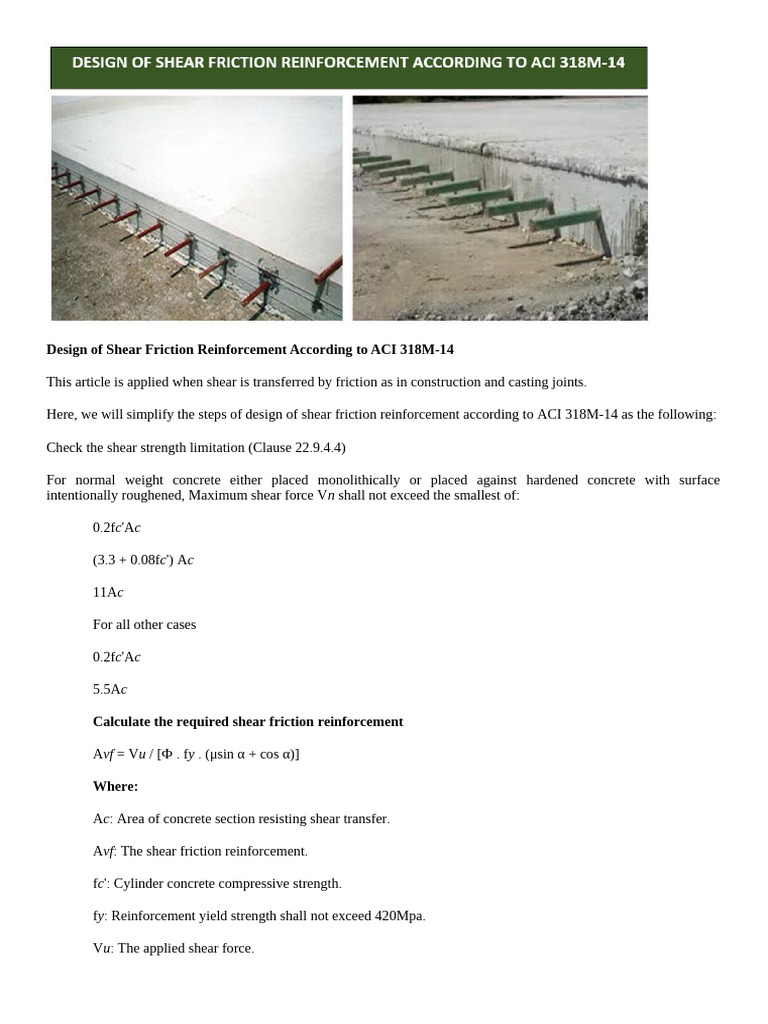 Design of Shear Friction Reinforcement According To ACI 318M | PDF ...