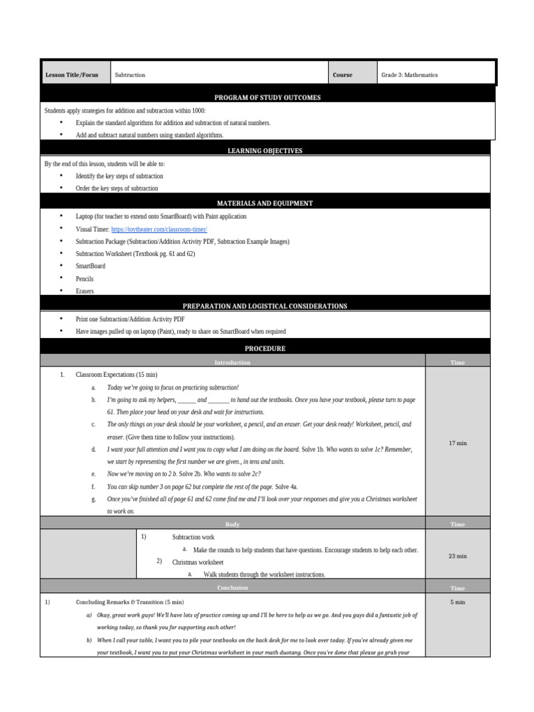 Subtraction - Lesson Plan | PDF | Subtraction | Algorithms