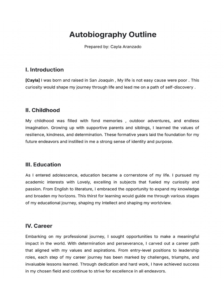 Free Autobiography Outline By Cayla | PDF