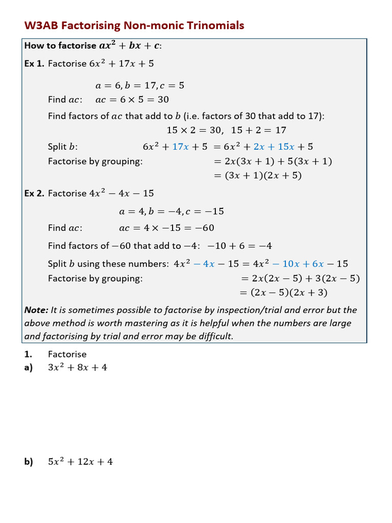 9ma W3AB Factorising Non-Monic Trinomials | PDF