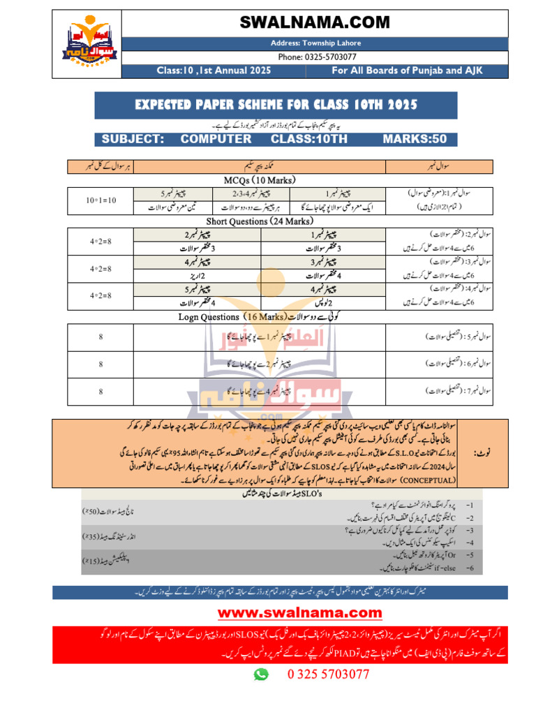 10th Class Paper Scheme 2025 Computer | PDF