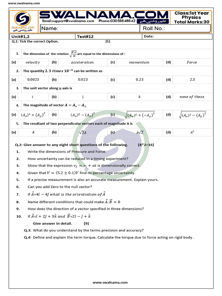 T12 Question Paper For Physics Class 11 Chapter 1 | PDF | Euclidean Vector | Significant Figures