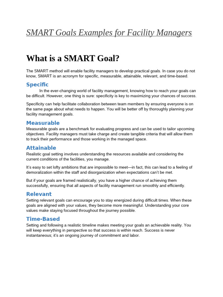 SMART Goals for Facility Managers | PDF | Goal | Goal Setting