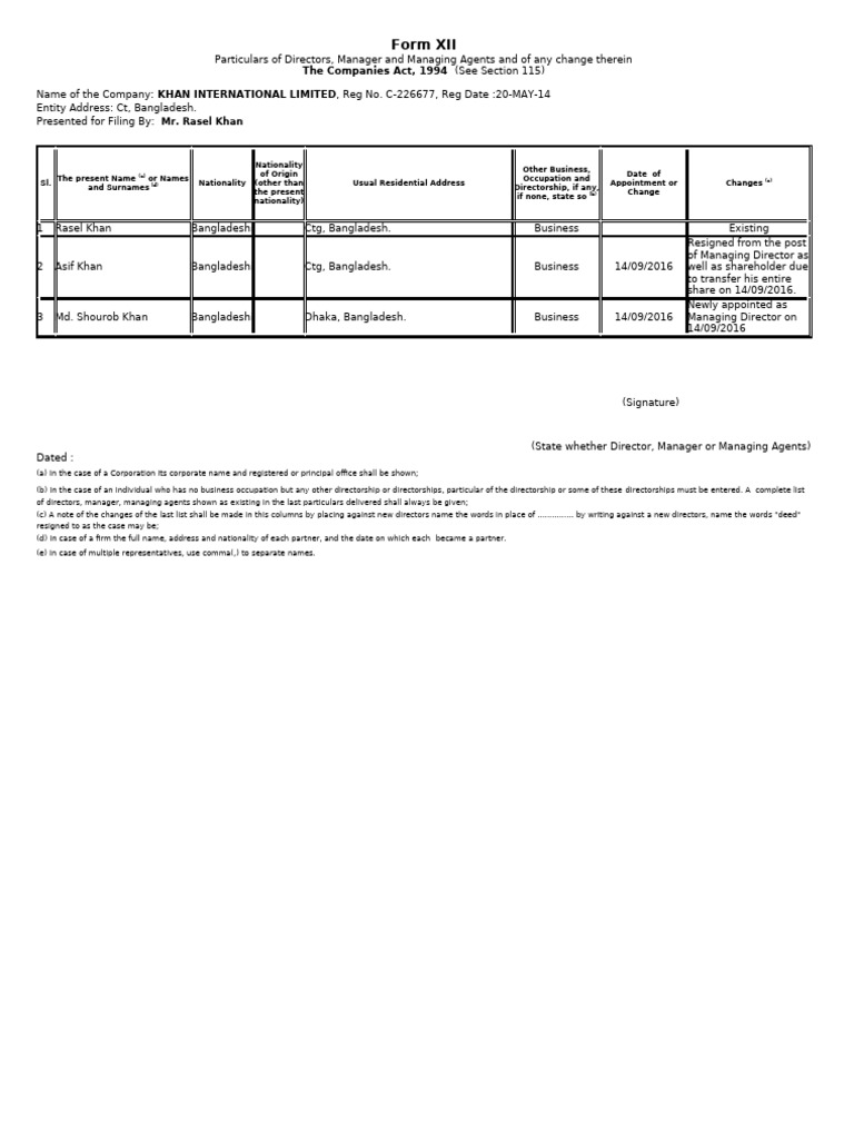 Khan International Limited Form-Xii On 14.09.2016 | PDF | Corporate Law | Companies