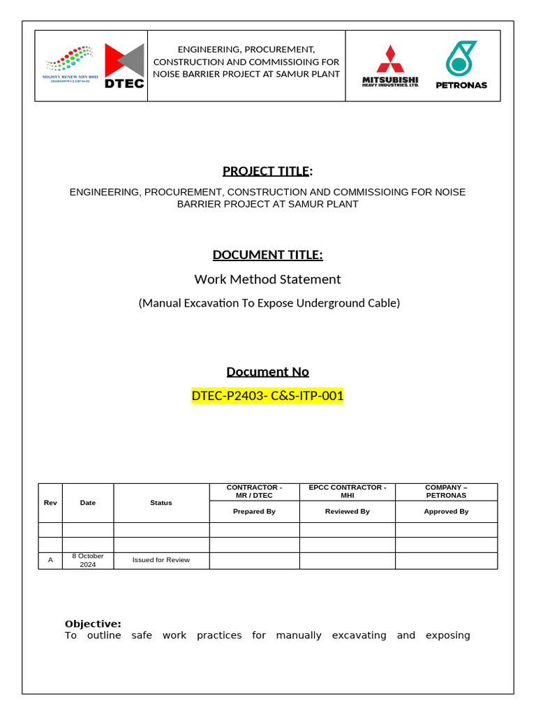 WORK METHOD STATEMENT - Manual Excavation To Expose Underground Cable ...