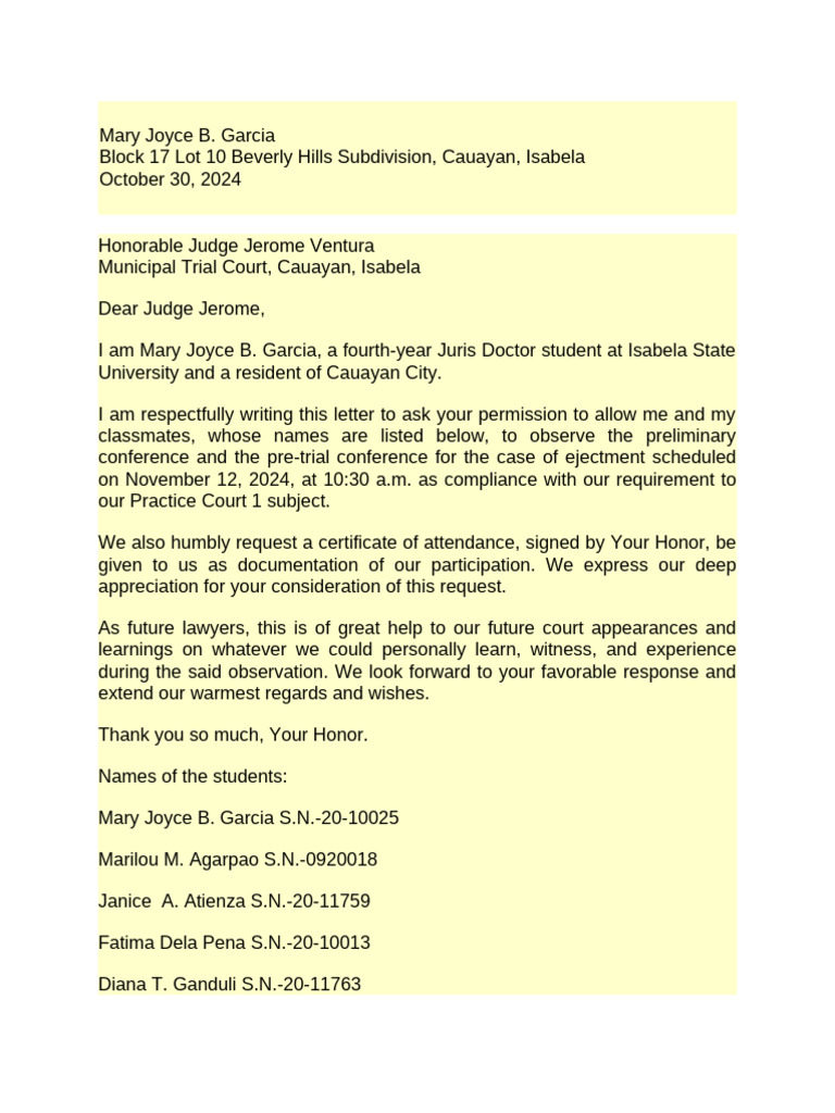 Letter Request For Court Observation MTC | PDF