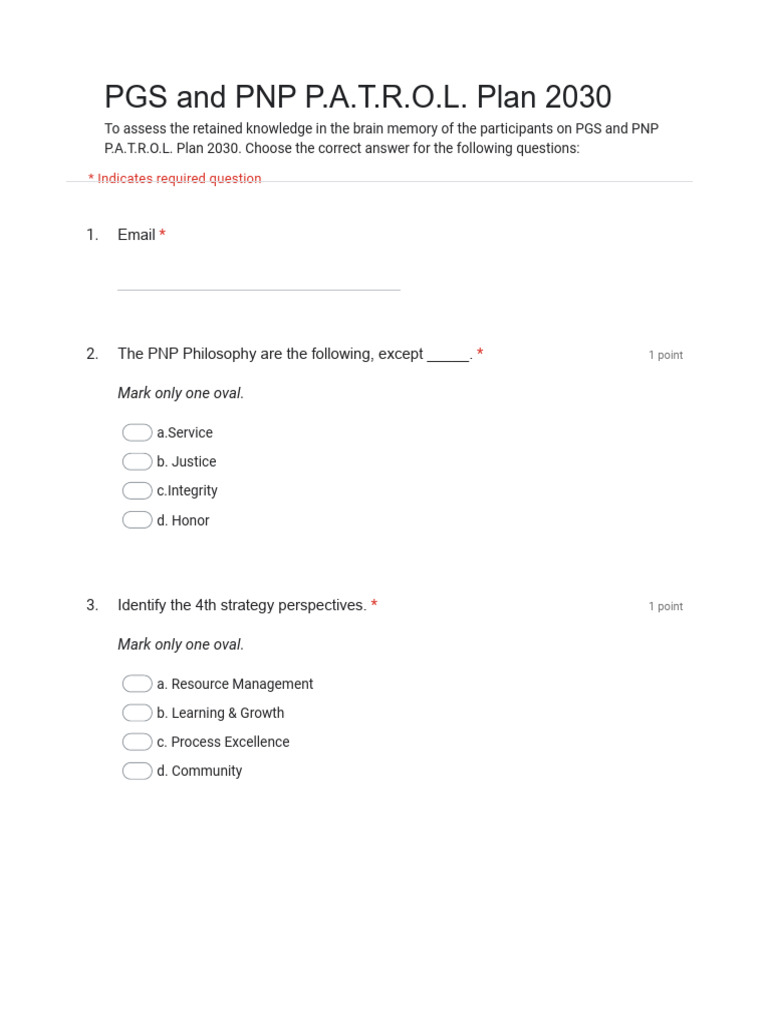 PGS and PNP P.A.T.R.O.L. Plan 2030 - Exam | PDF | Cognition
