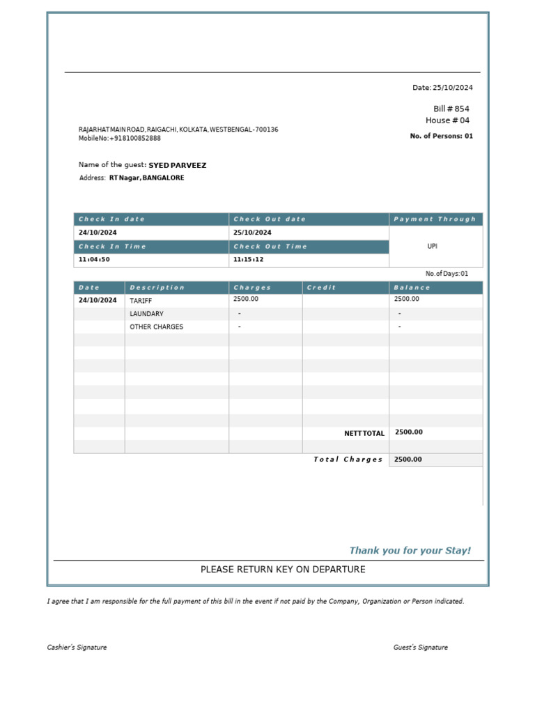 Hotel Bill and Key Return Policy | PDF