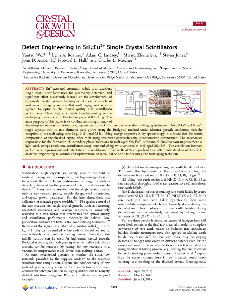 Wu Et Al 2015 Defect Engineering in Sri2 Eu2 Single Crystal Scintillators | PDF | Single Crystal ...