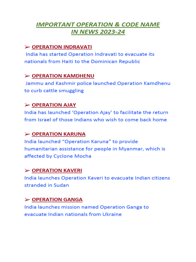 Important Operation & Code Name in News 2023-24 | PDF | Smuggling
