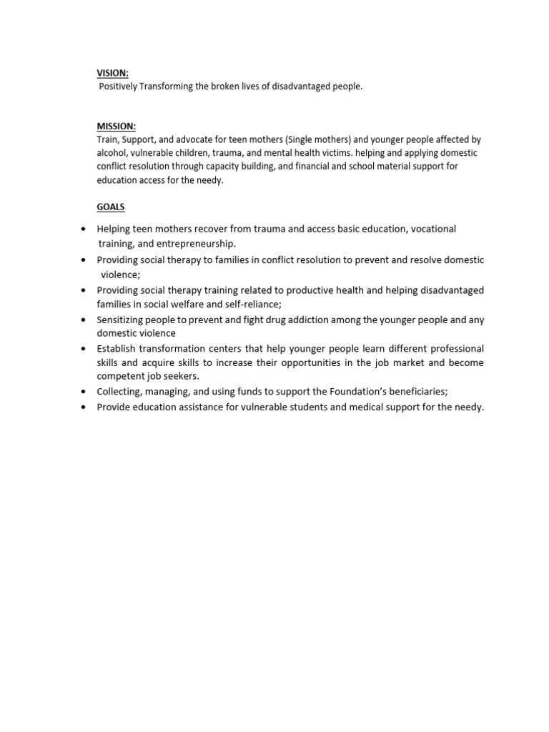 Foundation Vision, Mission and Activities | PDF