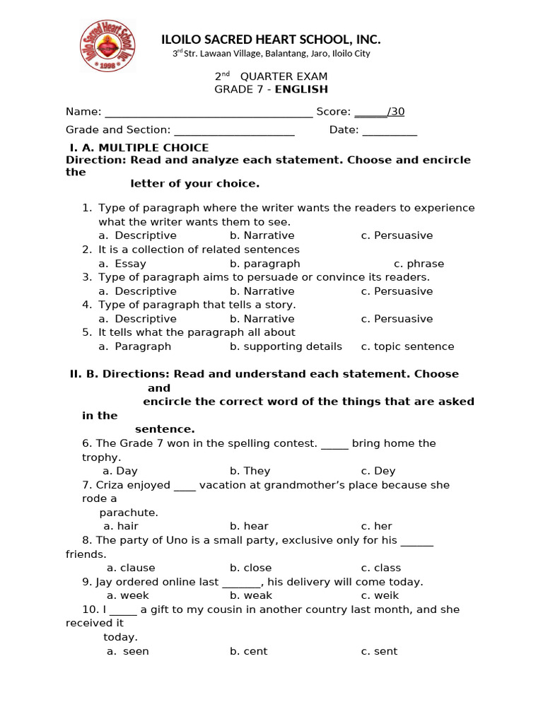 Grade 7 English 2nd Summative Test | PDF