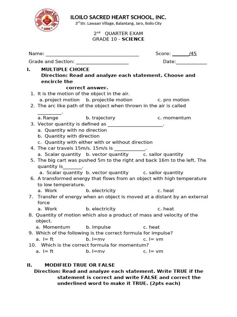 Grade 10 SCIENCE 2nd Periodical Exam | PDF | Momentum | Quantity