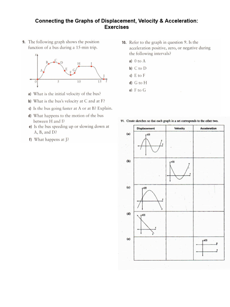 03B - Connecting the Graphs of Displacement, Velocity and Acceleration Exercises | PDF