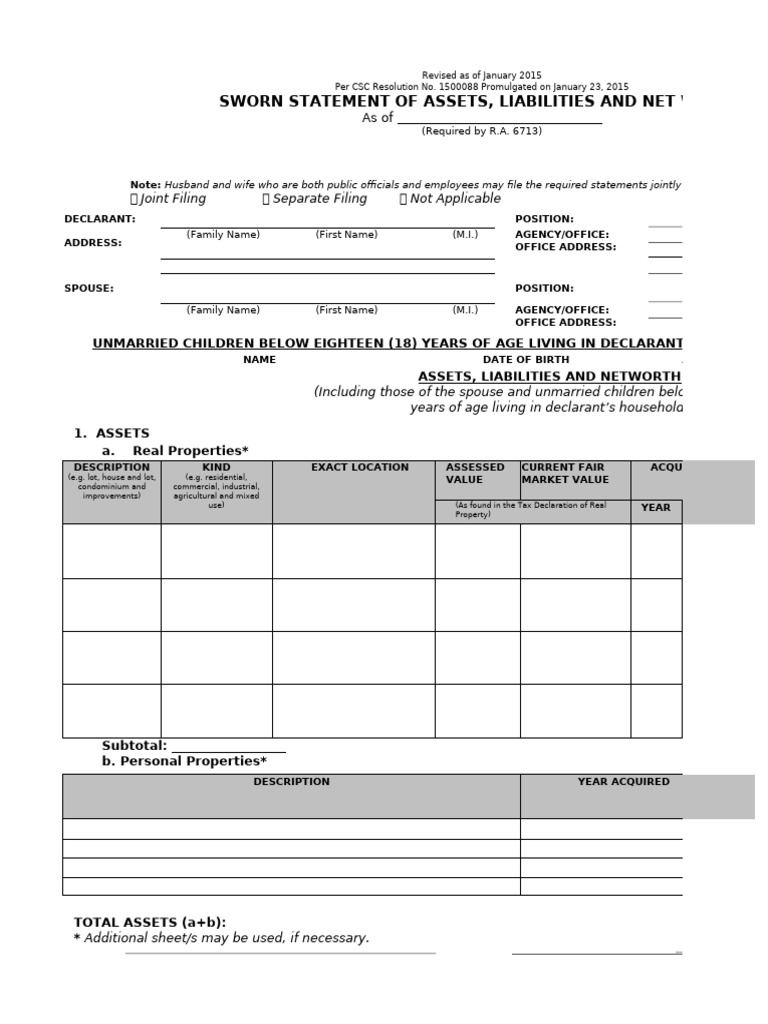 Statement of Assets and Liabilities SALN Form Revised January 2015 | PDF