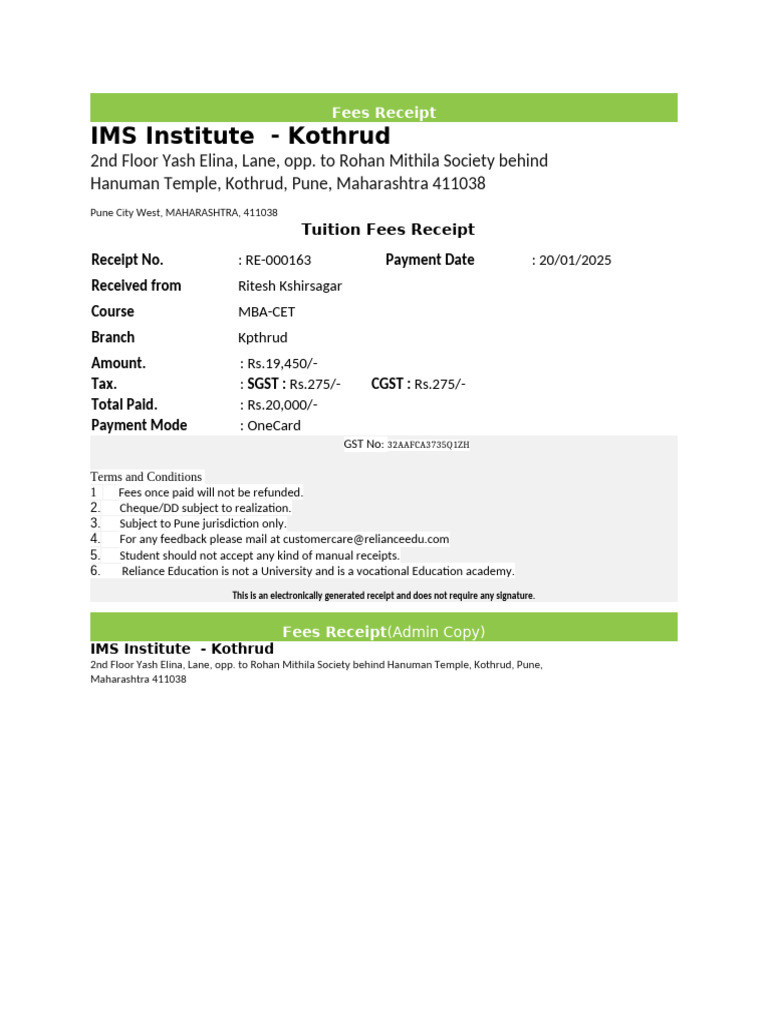 Fees Receipt Oct Anandhu | PDF