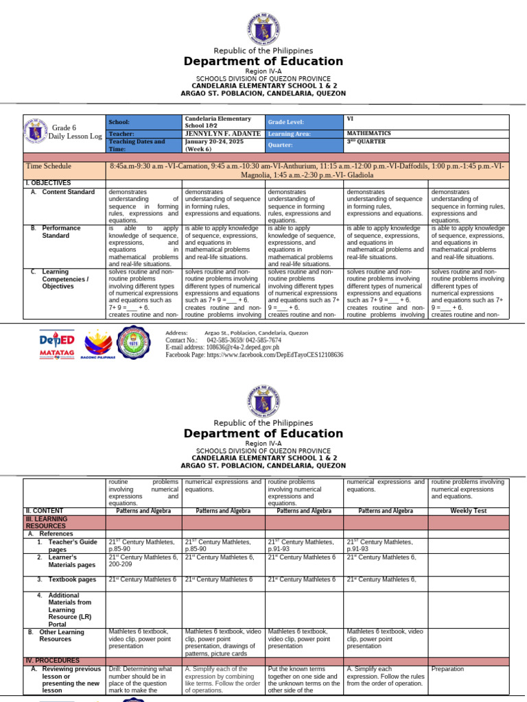 Q3 W6 Math DLL | PDF | Equations | Algebra