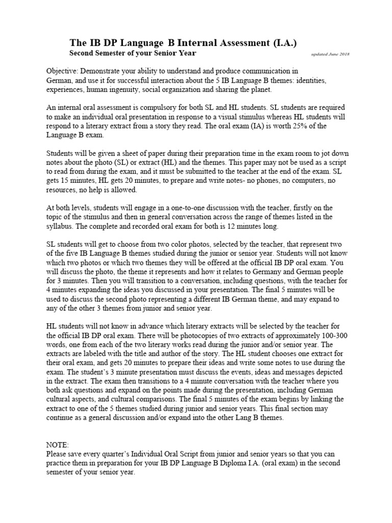 The IB DP Language B Internal Assessment (I.A.) : Second Semester of ...