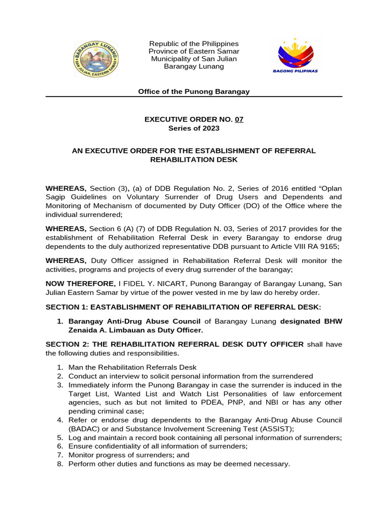 Eo Establishment of Referral Rehabilitation Desk | PDF | Government ...