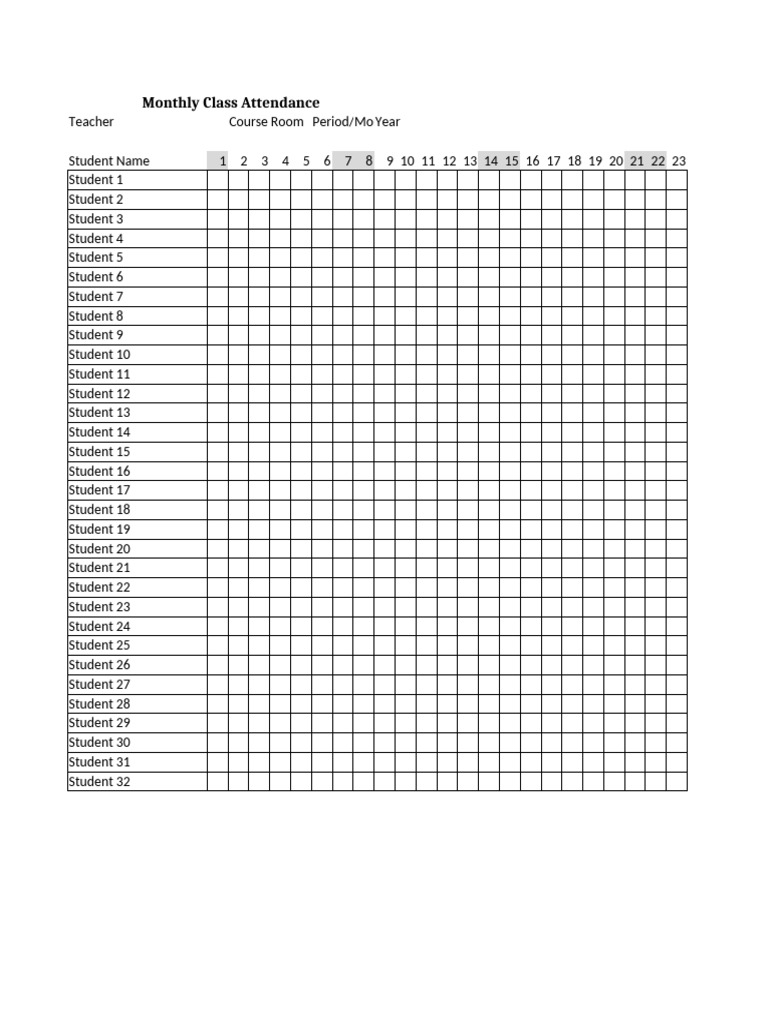 Monthly Class Attendance Template | PDF