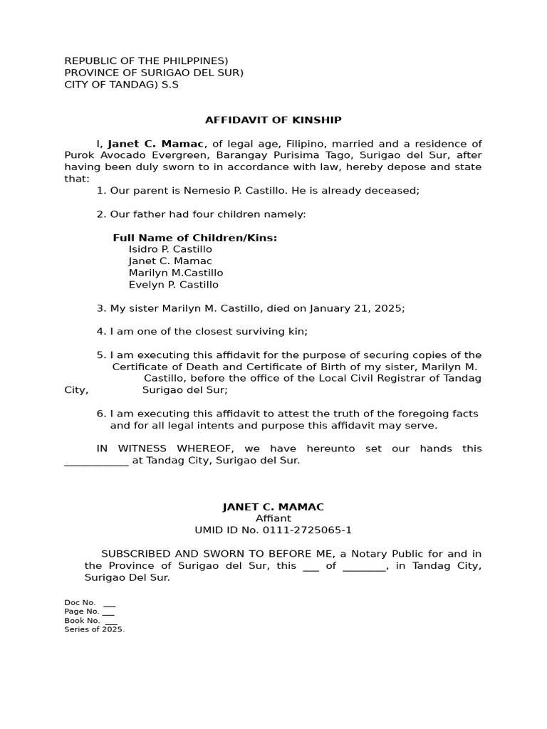 AFFIDAVIT OF KINSHIP (CASTILLO) | PDF