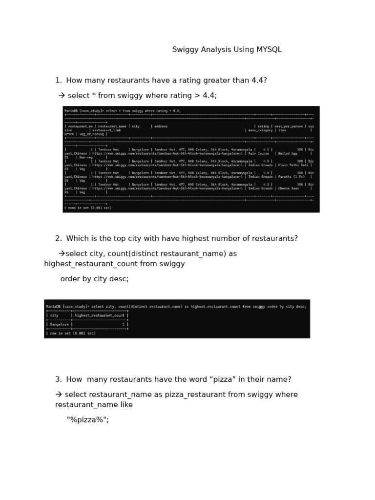 Swiggy Dataset Analysis with MySQL | PDF | Gastronomy | Restaurants