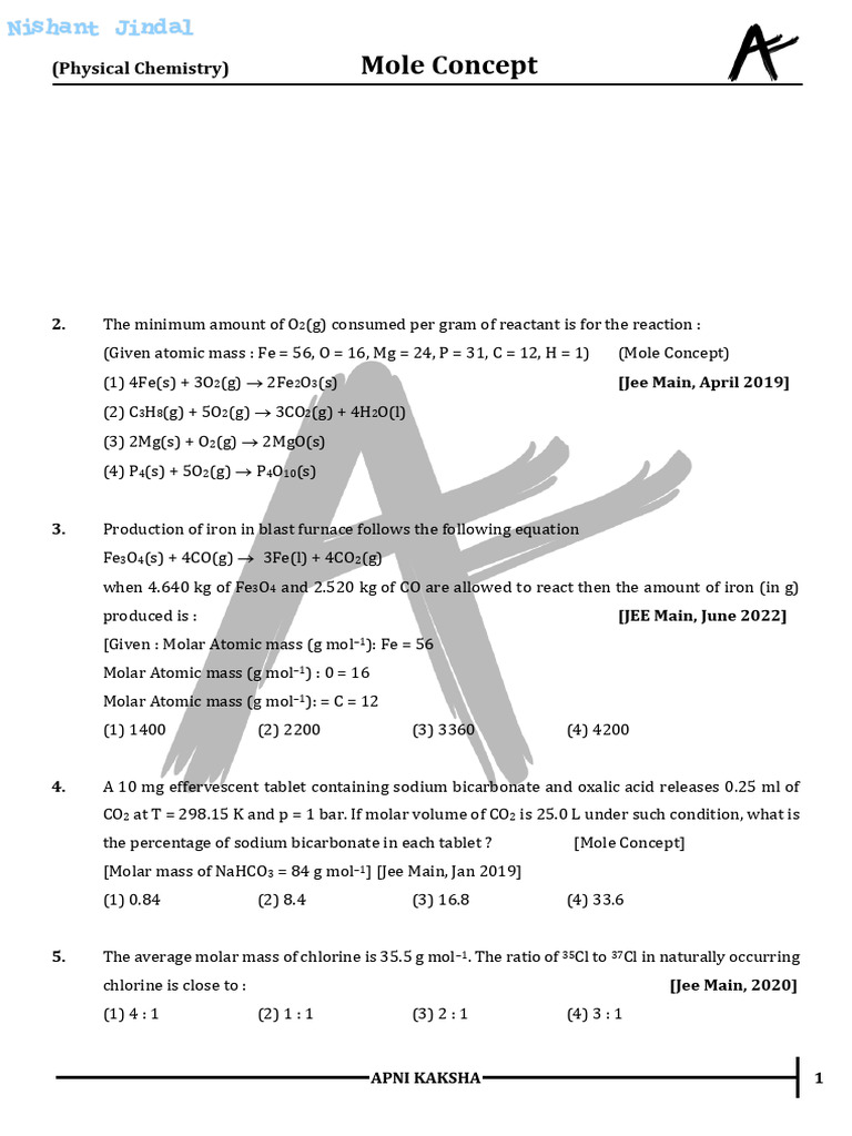 Mole Concept Problems for JEE Exam | PDF | Mole (Unit) | Atoms