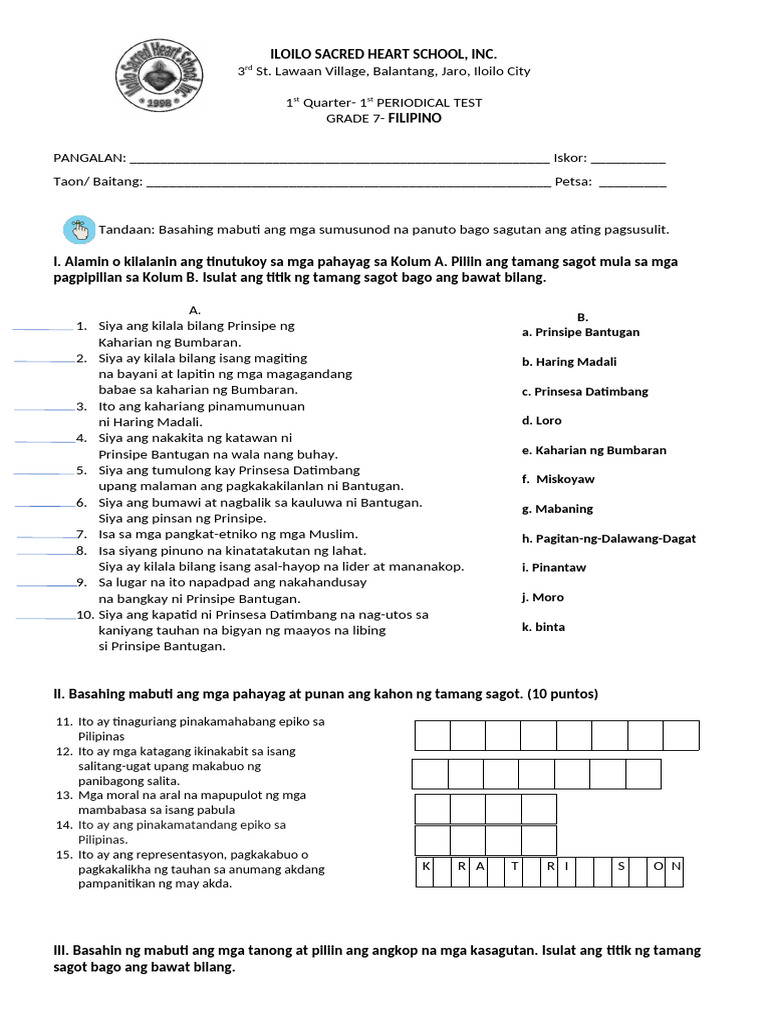 1st Quarter - Periodical Exam FILIPINO 7 | PDF
