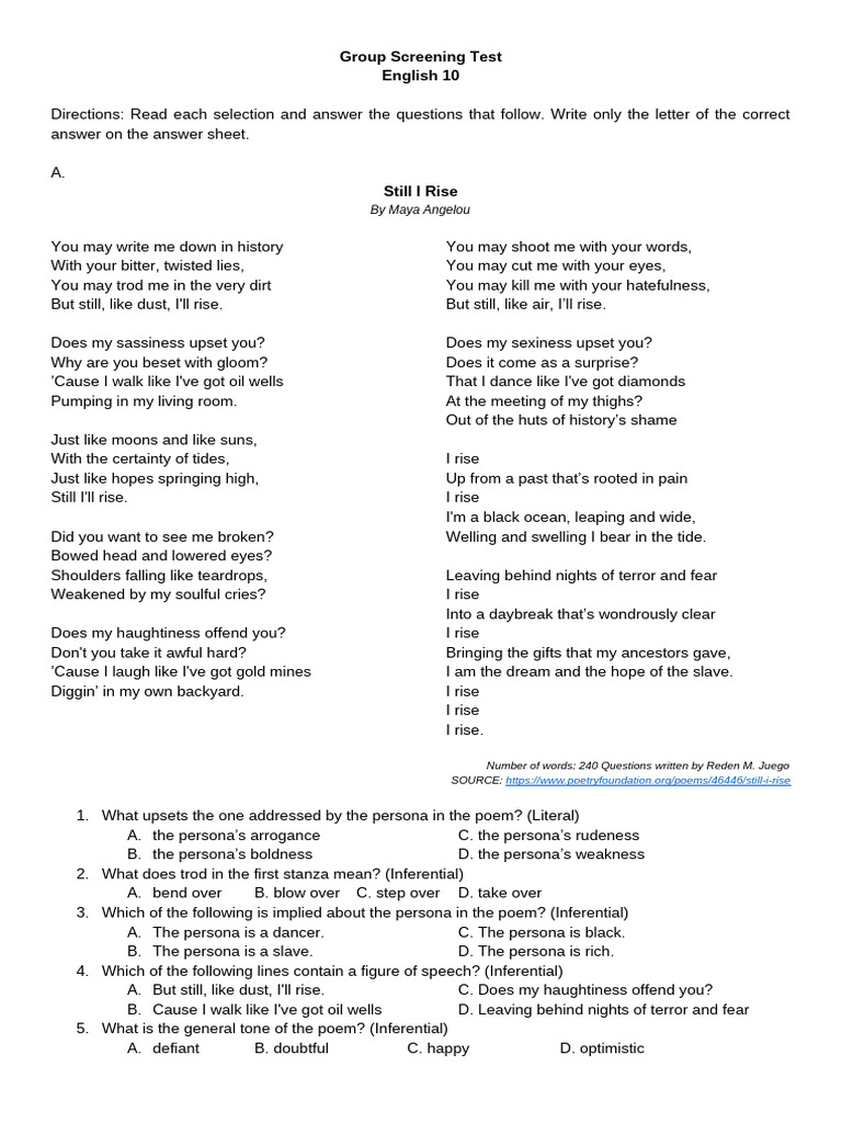 Grade 10 Group Screening Test Guide | PDF | Mental Health | Athena