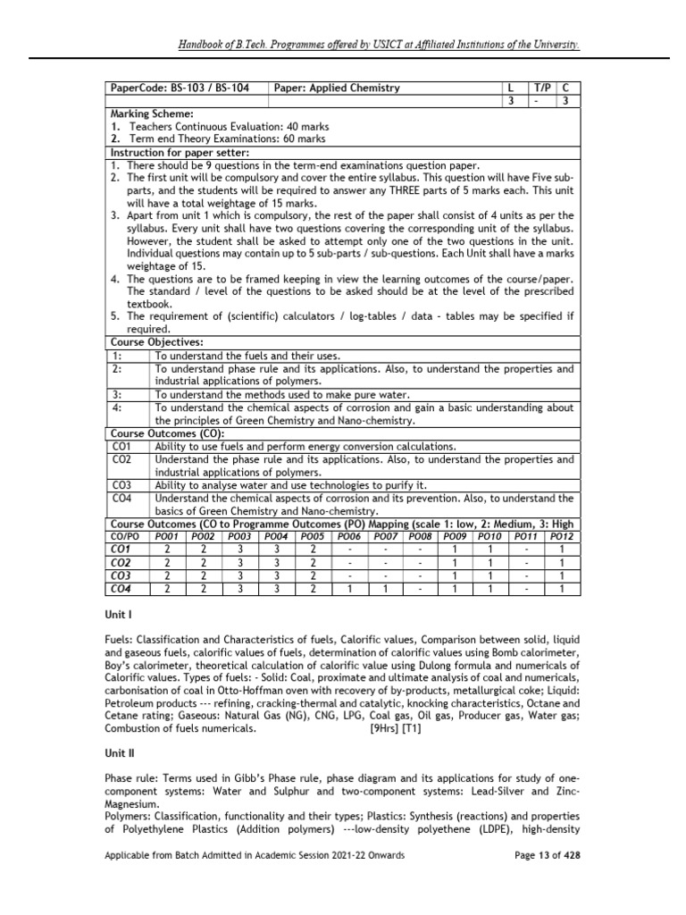 Applied Chemistry Syllabus for B.Tech | PDF | Corrosion | Polyethylene