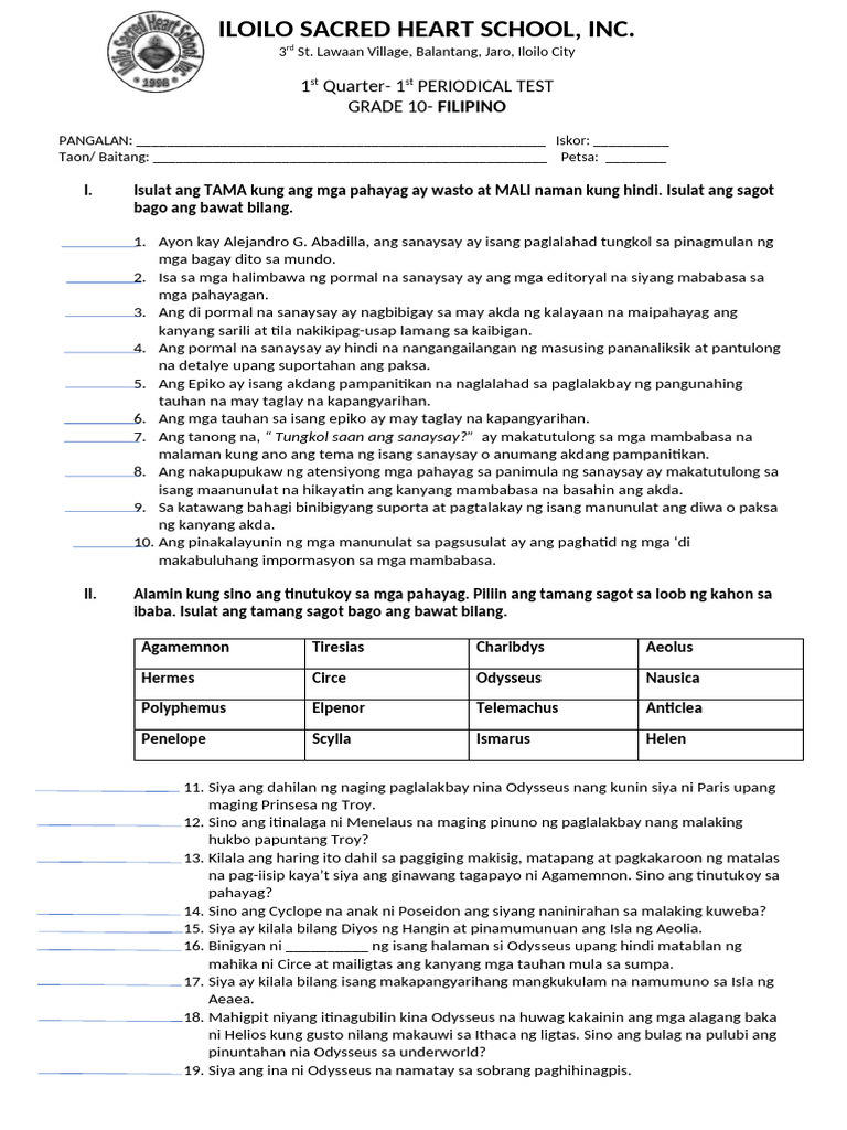 1st Quarter - PERIODICAL EXAM FILIPINO 10 | PDF