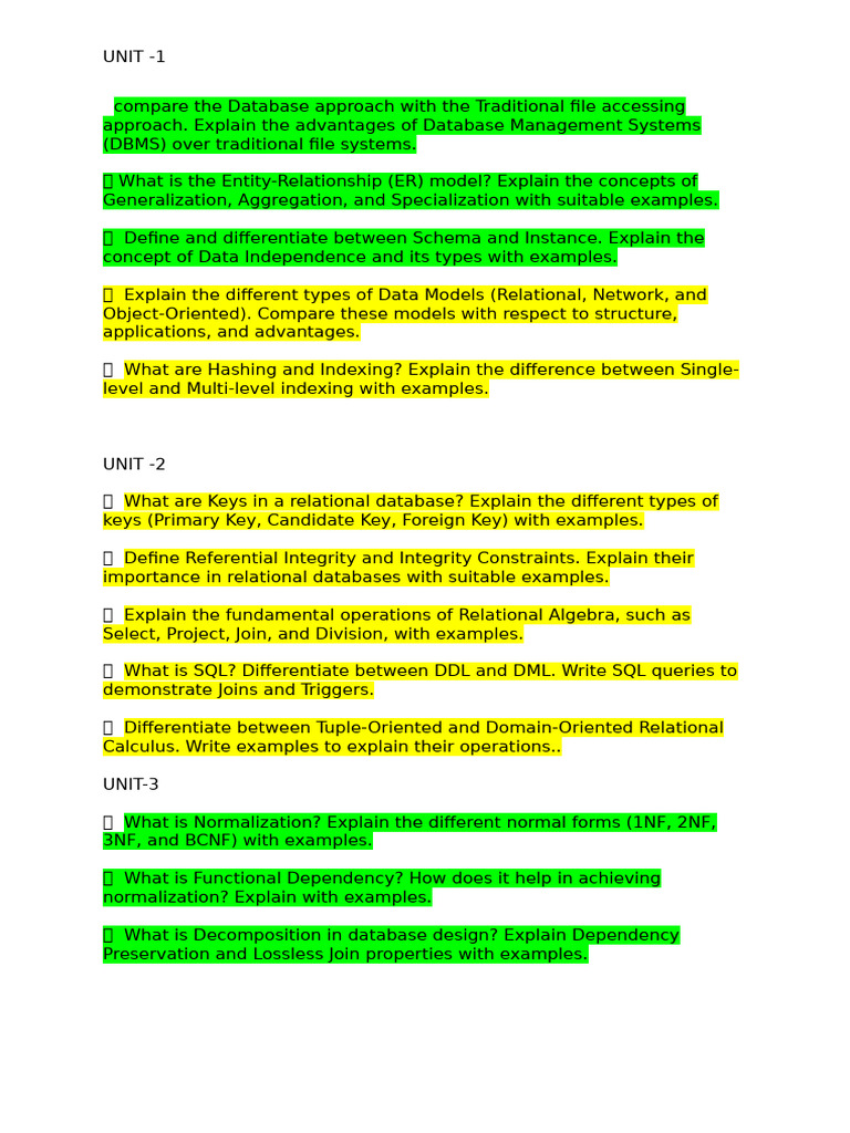 DBMS RGPV Imp Questions Unit Vise | PDF | Relational Model | Databases